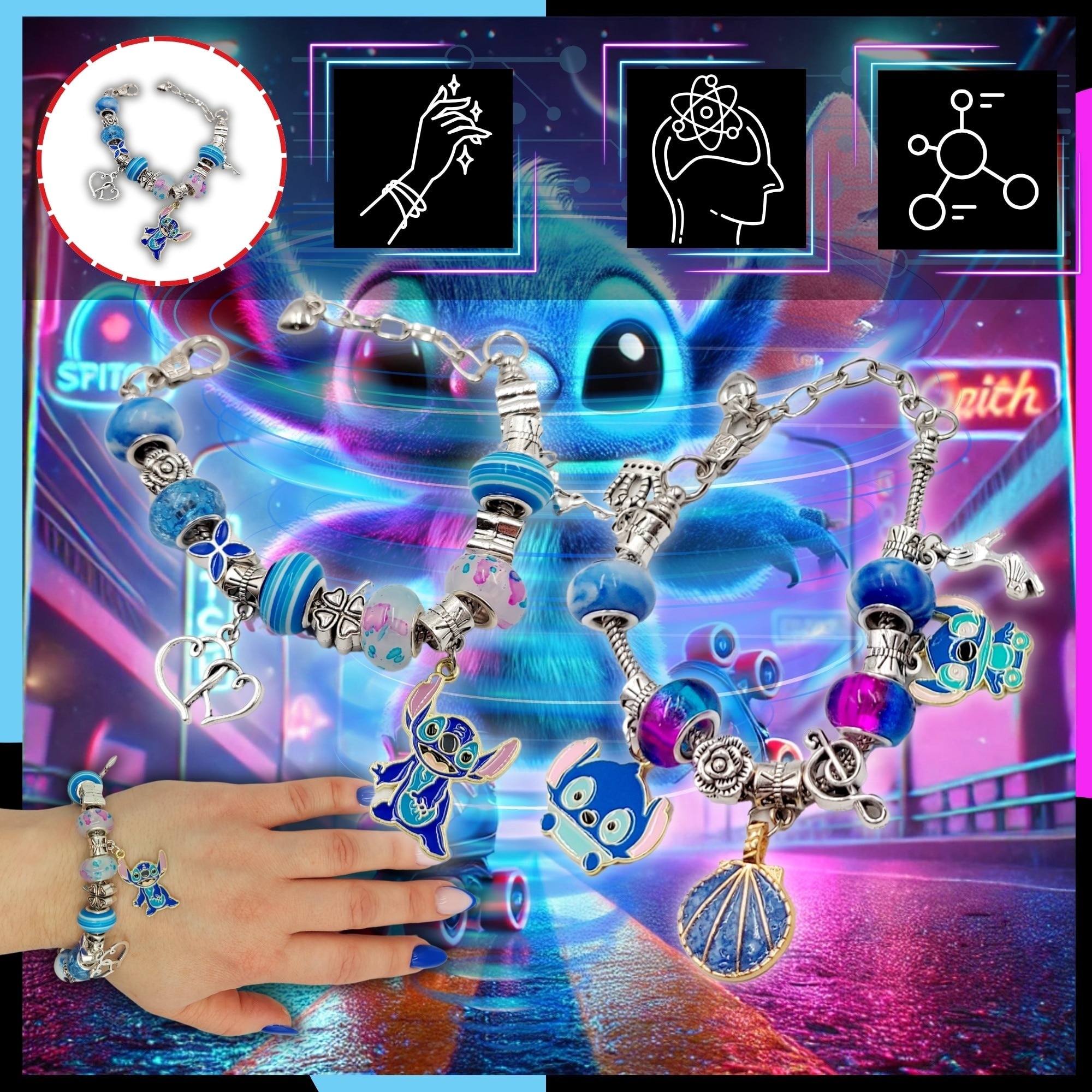 Set bijuterii DIY, 72 piese, tematica Stitch, bratari si coliere, cutie ...