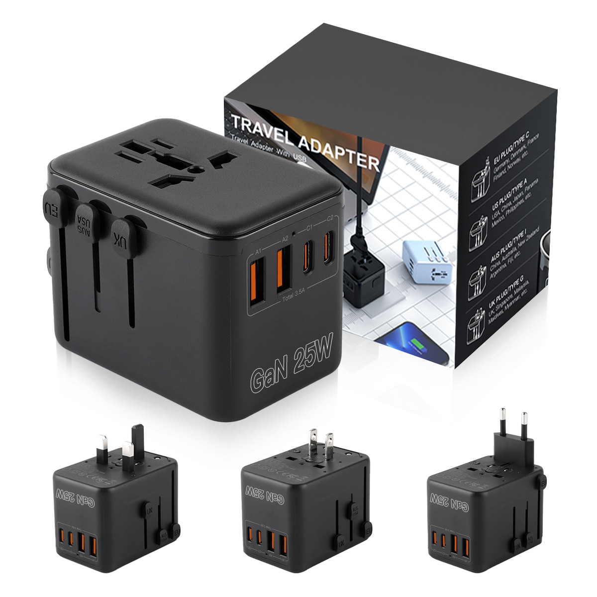 Adaptor Universal de Călătorie, NAIXUES, Policarbonat, Ignifug, 4 ...