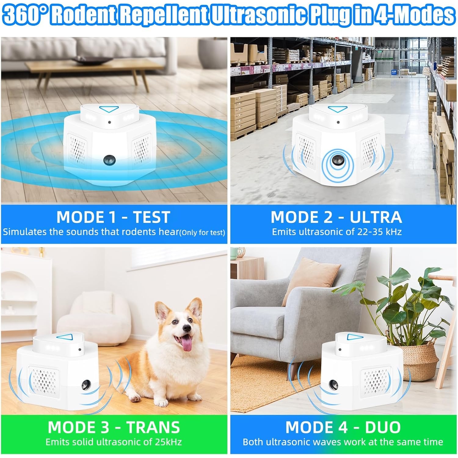 Ultrasonic mouse repeller, WALALLA, 360° all-round, four modes, 9 LED ...