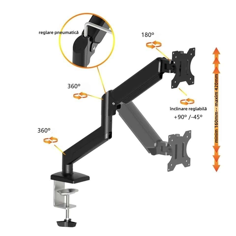 Brat monitor, aluminiu, simplu, rezistenta 10kg, 13-32 inch, rotativ ...