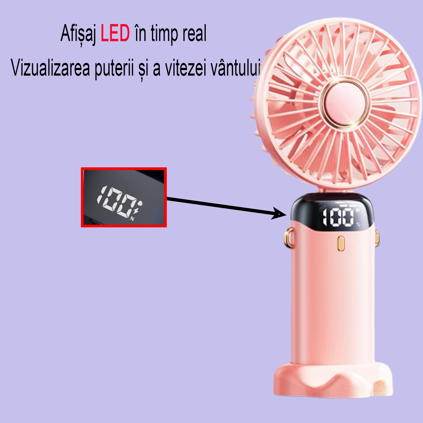 Ventilator portabil 3 in 1, pliabil, 5 viteze, roz - eMAG.ro