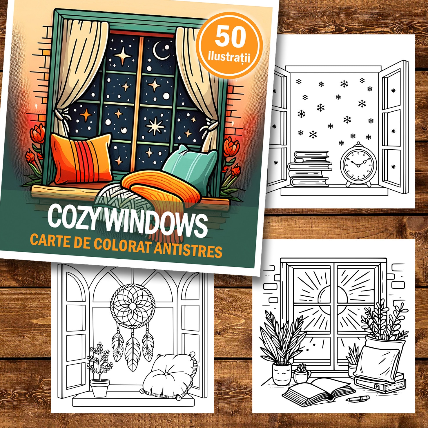 Carte de colorat antistres, 50 de ilustratii Cozy Windows, 106 pagini ...