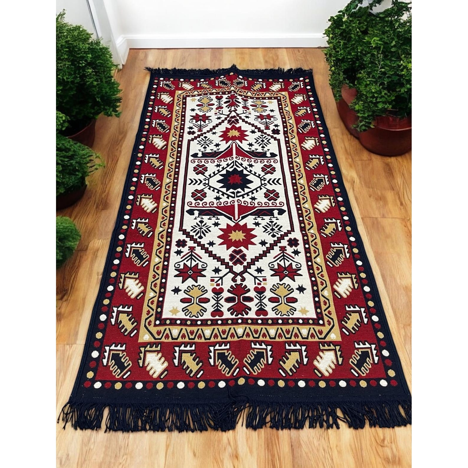 Covor Traditional Suave, 80x300cm, Rosu Bleumarin Alb, cu franjuri ...