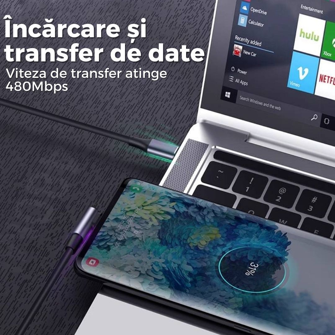 Cablu Date si Incarcare Rapida max 100W, AHA PRINT®, TEXTIL PREMIUM ...