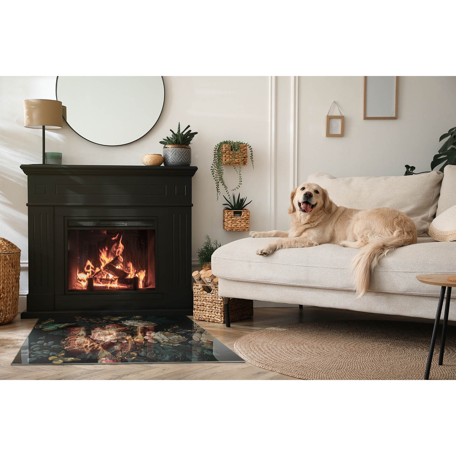 Placa de sticla pentru semineu, Tulup, Model floral cu fluturi, Verde ...