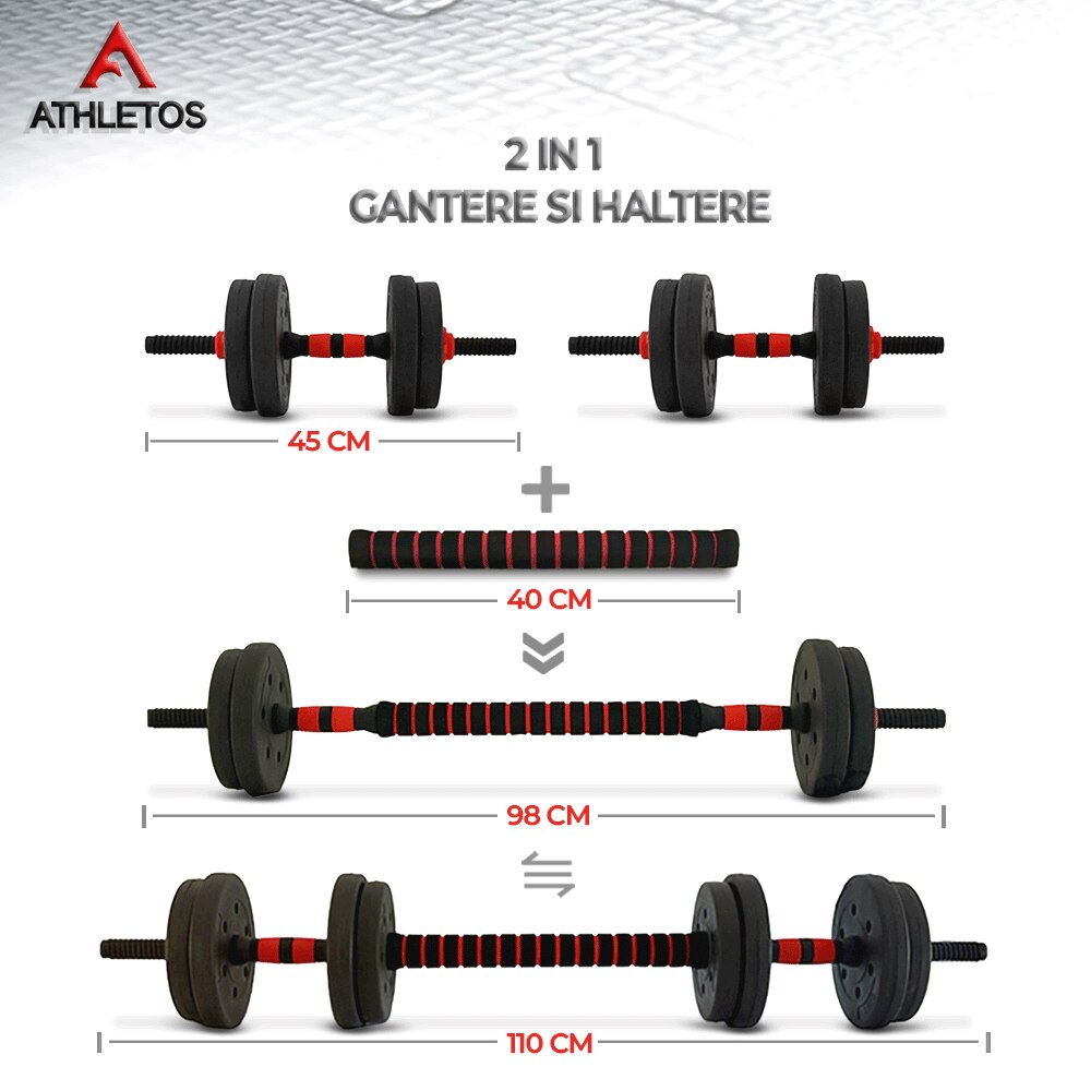 Set 2 gantere reglabile, Athletos®, 10 kg, convertibile in haltera cu bara conectoare, discuri ...