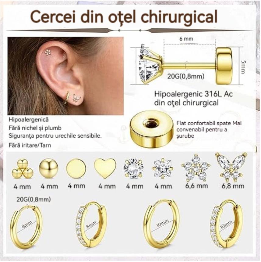 Set de 12 cercei Pentru Femei, Set de cercei pentru piercing multiplu ...