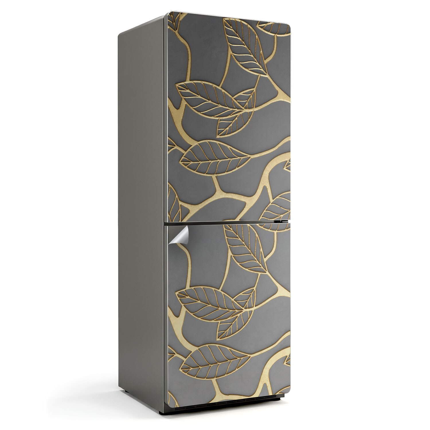 Autocolant frigider, Wallfluent, Model delicat de frunze si ramuri, Gri ...