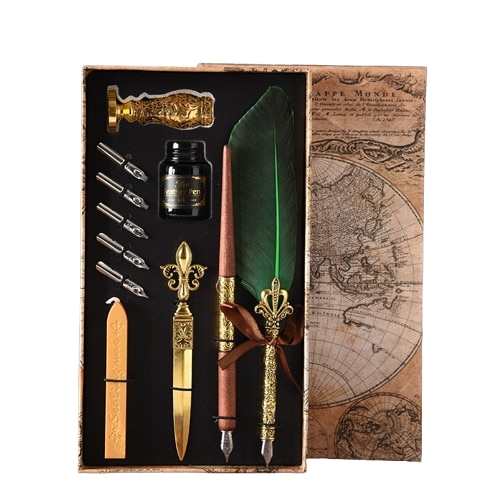 Set de caligrafie vintage cu pana, kit de scris elegant, verde, 24x13 ...