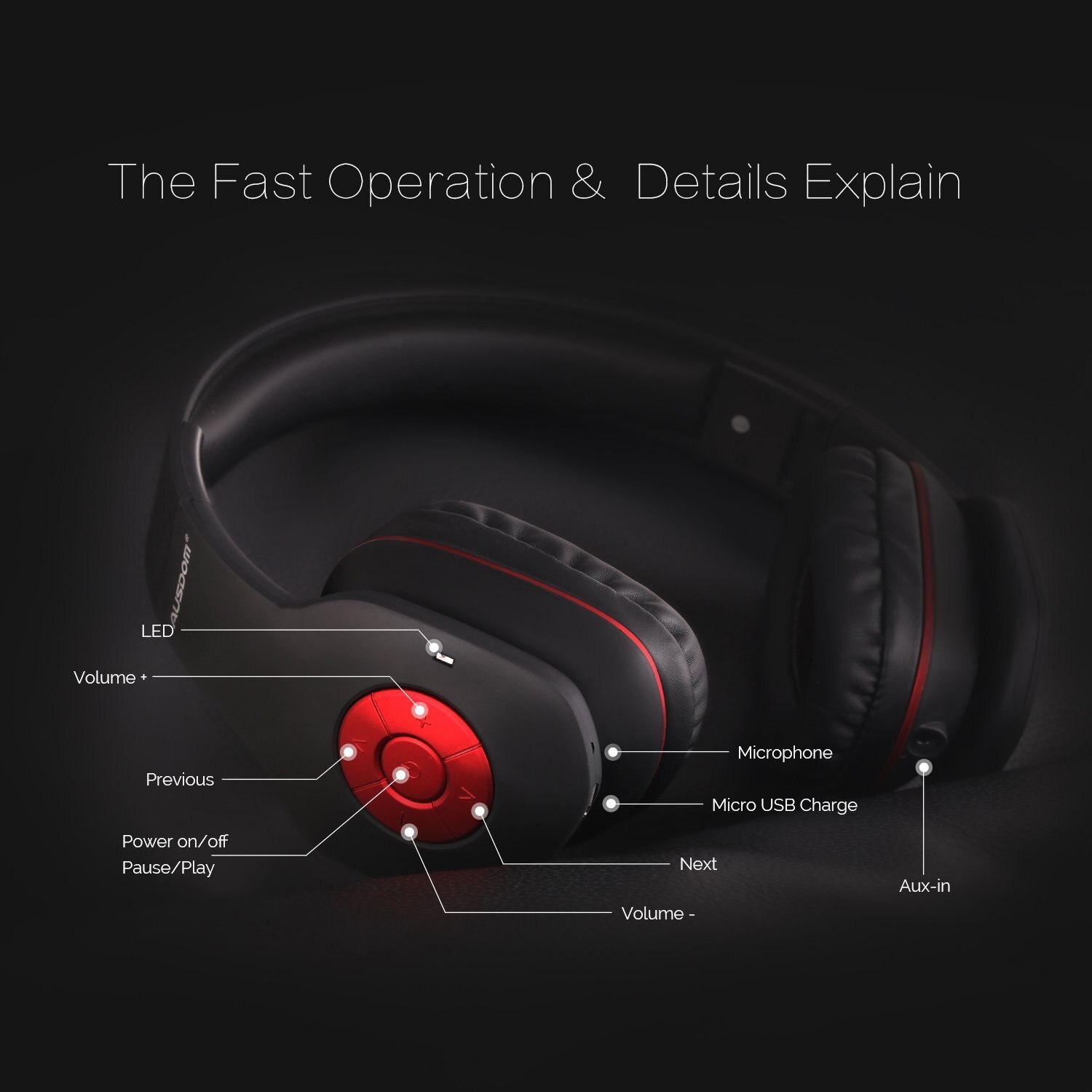 Аудио слушалки AUSDOM AH862, Bluetooth 4.1,Време за възпроизвеждане до 18 часа, Черен / Червен ...