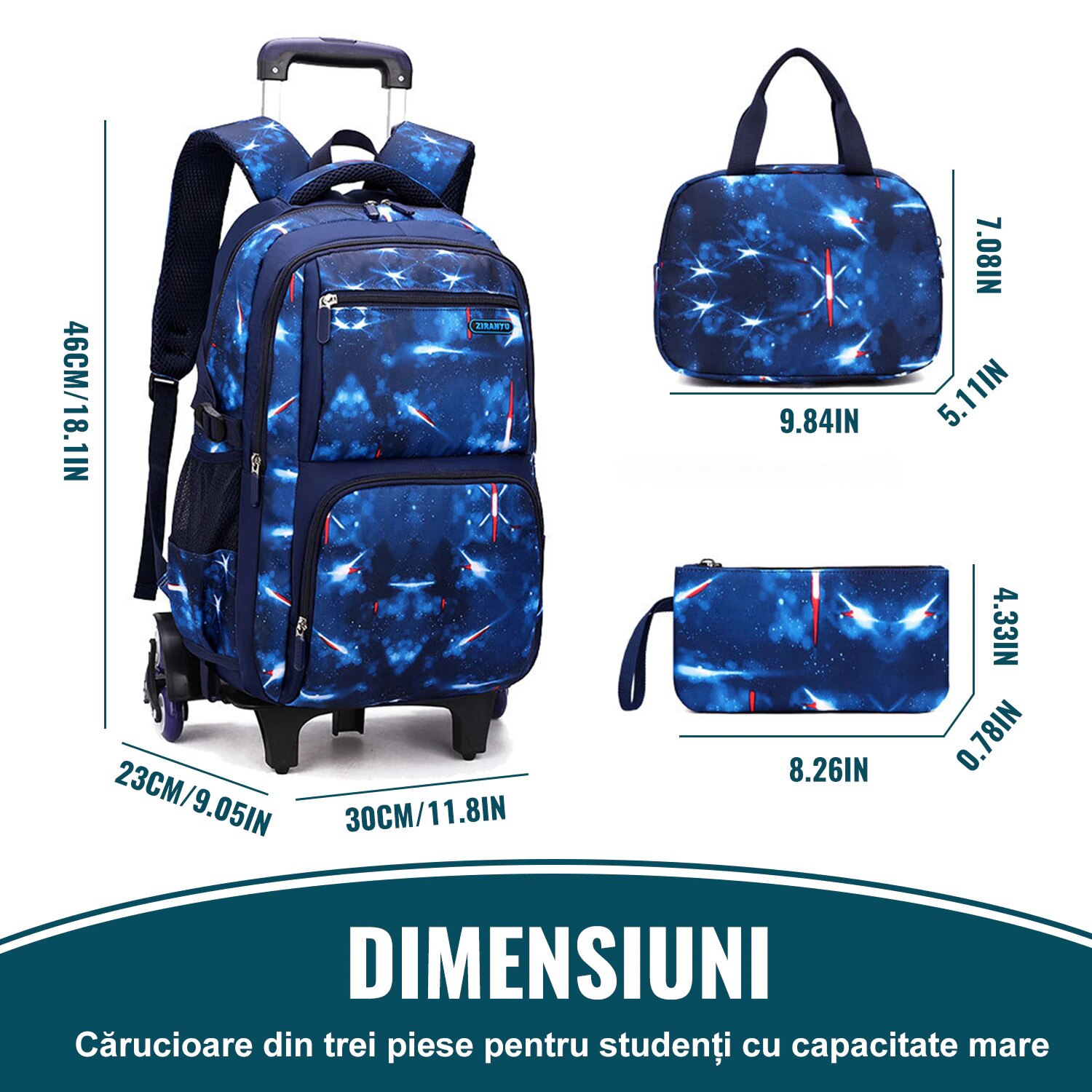 Geanta troler pentru scoala, set din 3 piese cu buzunar pentru pixuri ...