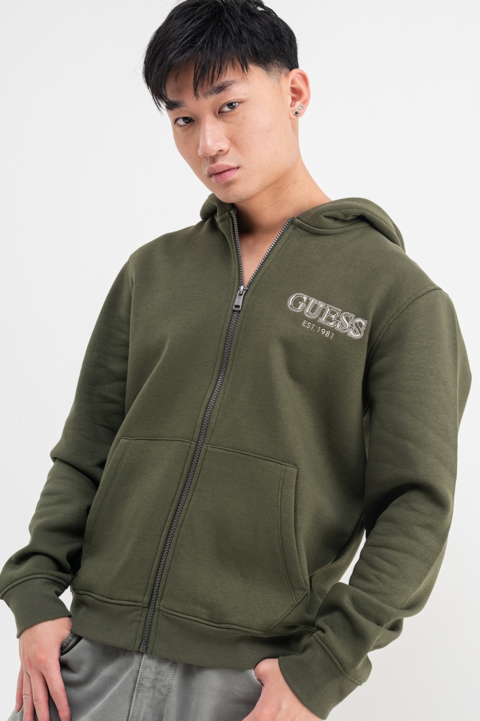 GUESS, Hanorac cu fermoar si logo brodat pe piept, verde militar inchis ...