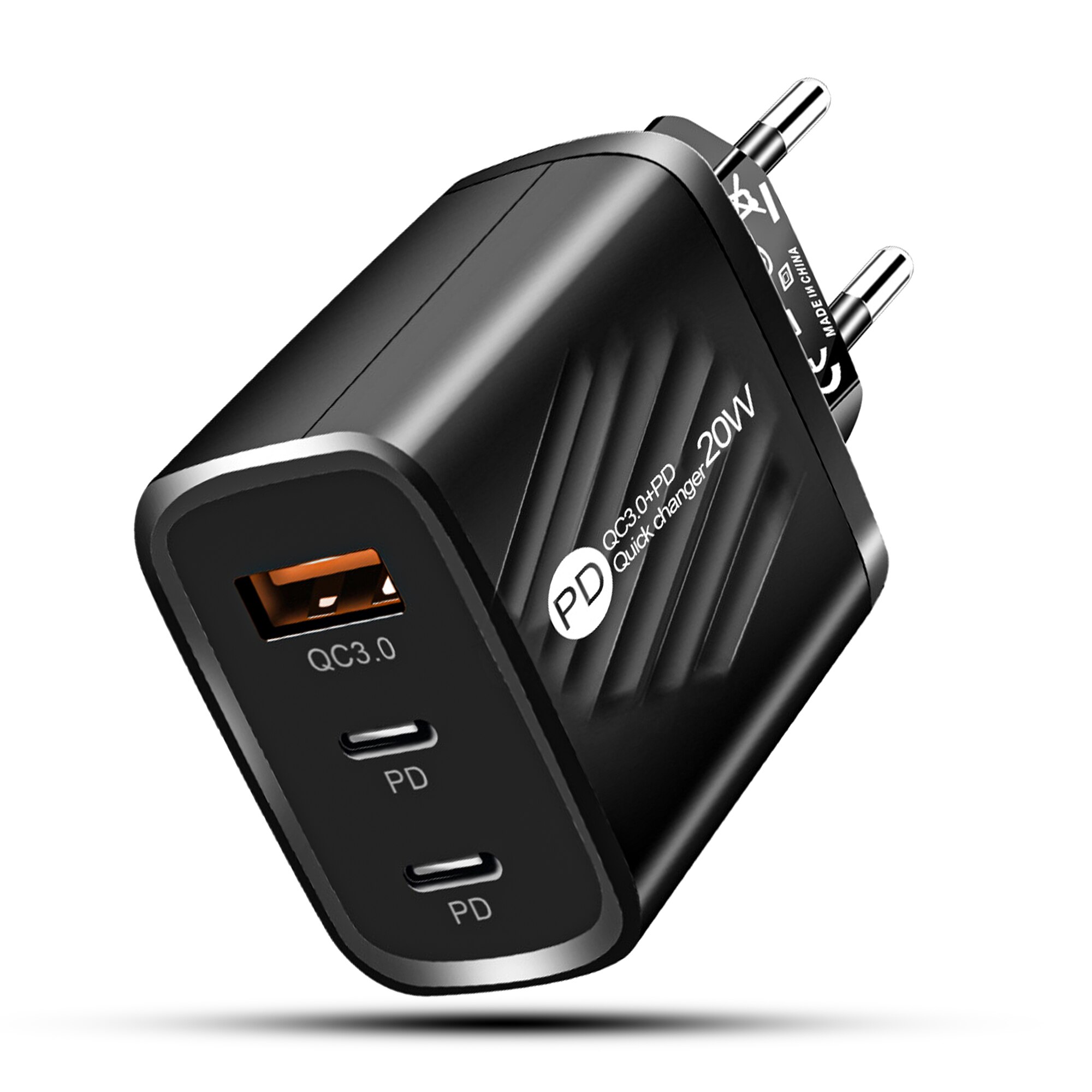 Incarcator retea, 3 porturi, 20W, 2 x Type-C, 1 x USB, cablu 1m, negru ...