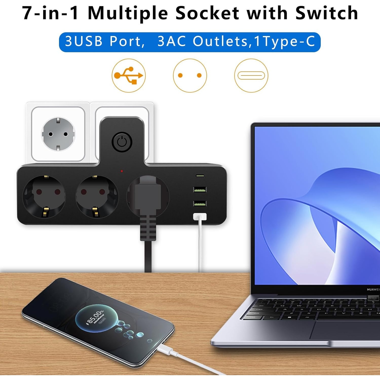 Prelungitor de prize multi-port standard european, 7 in 1, Excitat ...