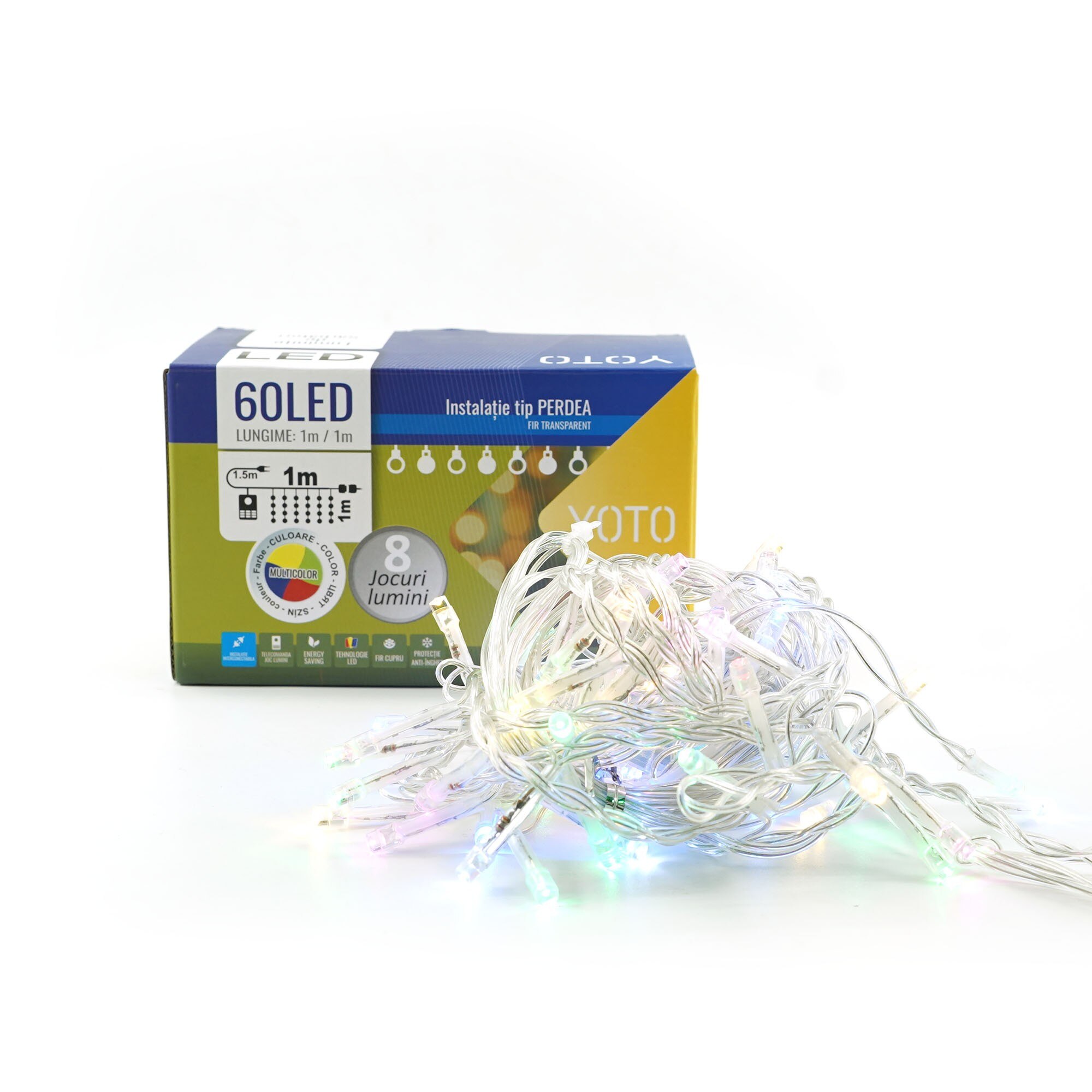 Instalație Crăciun Toolsy Yoto, tip Perdea, 60 leduri, Multicolor, 1m x ...