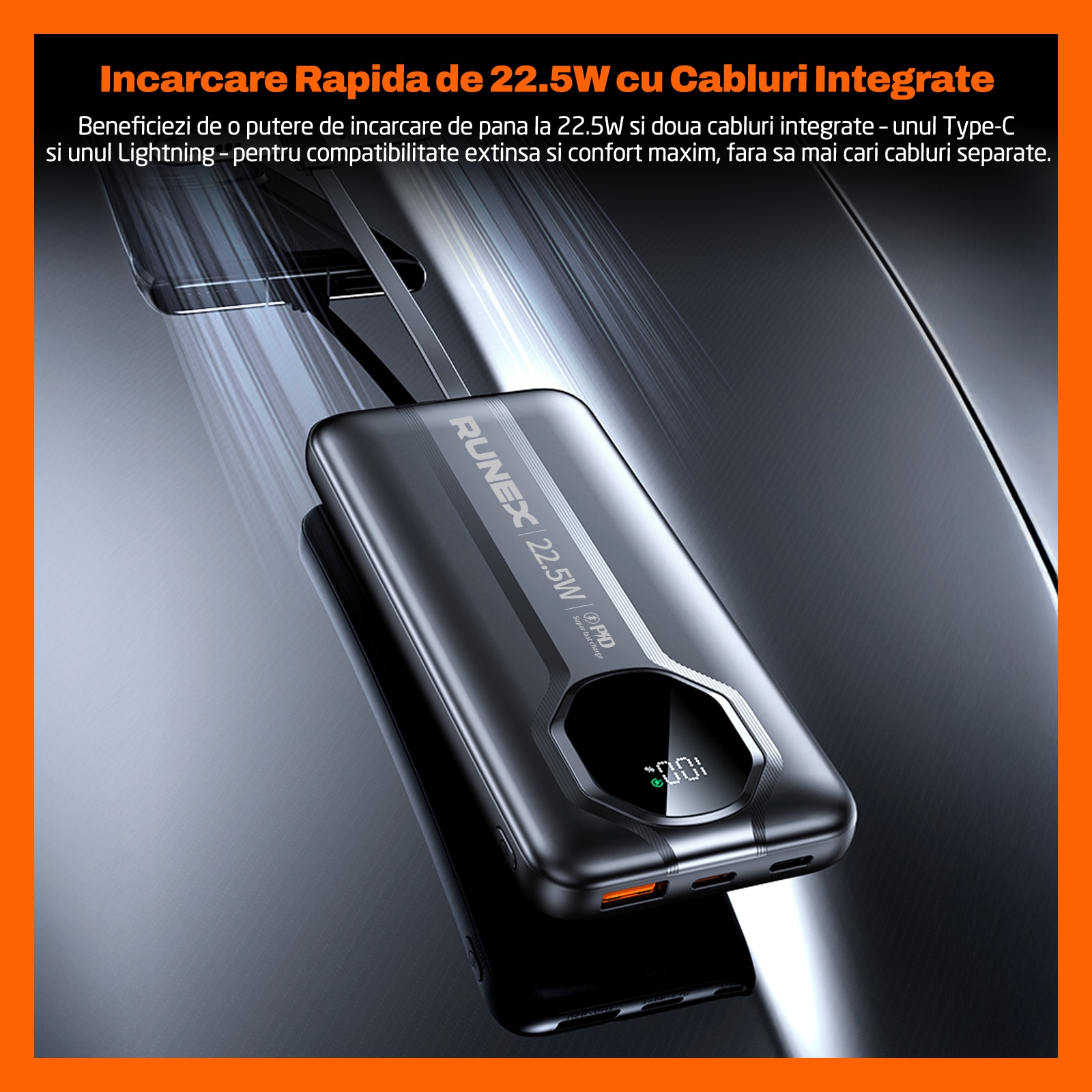 Baterie Externa Runex®, Model PB900, 10.000mAh, Power Bank Portabil, Incarcare Rapida 22.5W, 3 ...