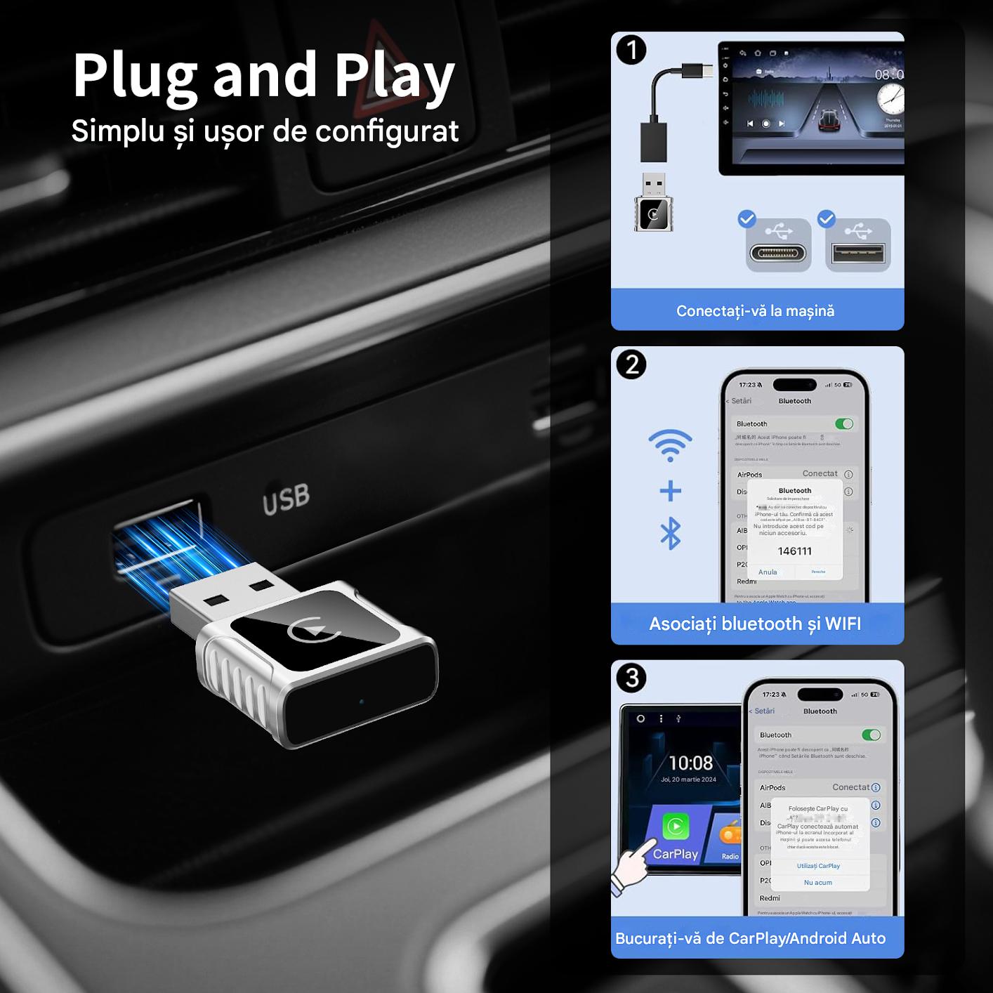 Adaptor Wireless CarPlay idealSTORE Plug and Play, compatibil Android ...