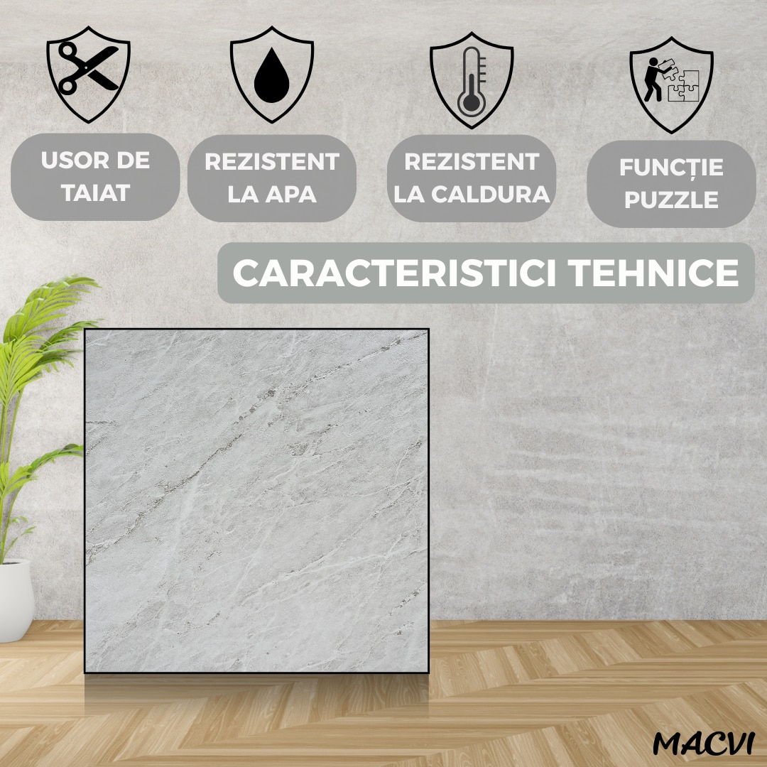 Set 24 placi autoadezive Macvi® pentru podea, stil marmura gri dungi ...