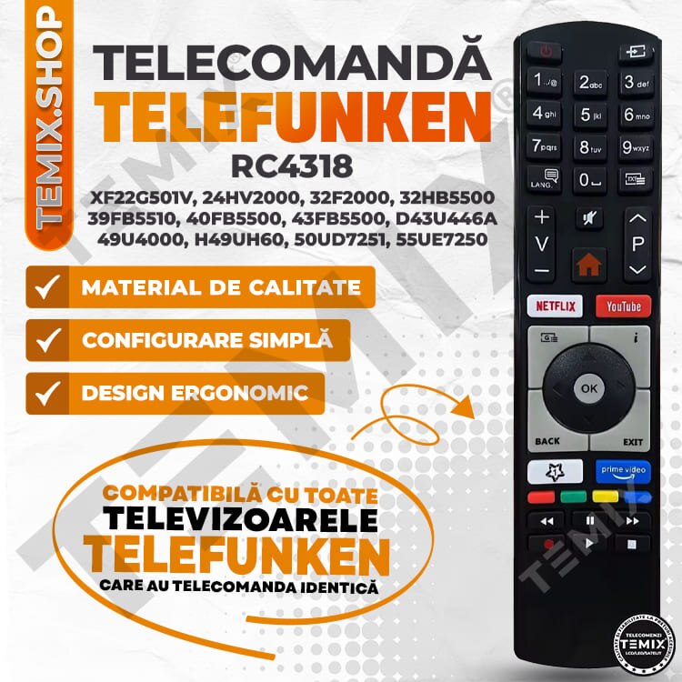 Telecomanda compatibila Telefunken, XF22G501V, 24HV2000, 32F2000 ...