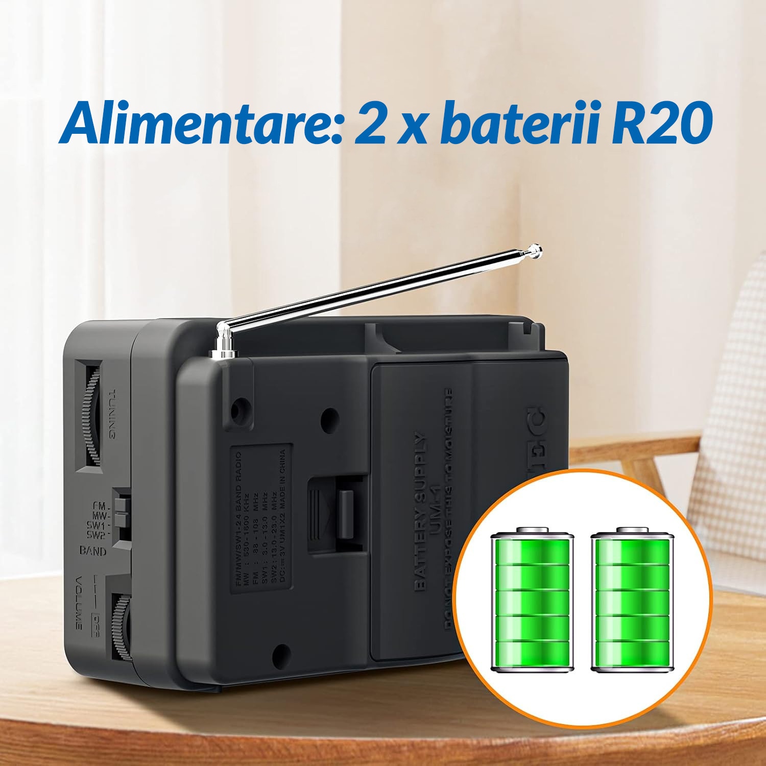 Radio portabil 608B cu 4 benzi de receptie AM FM SW1 SW2, alimentare 2 ...