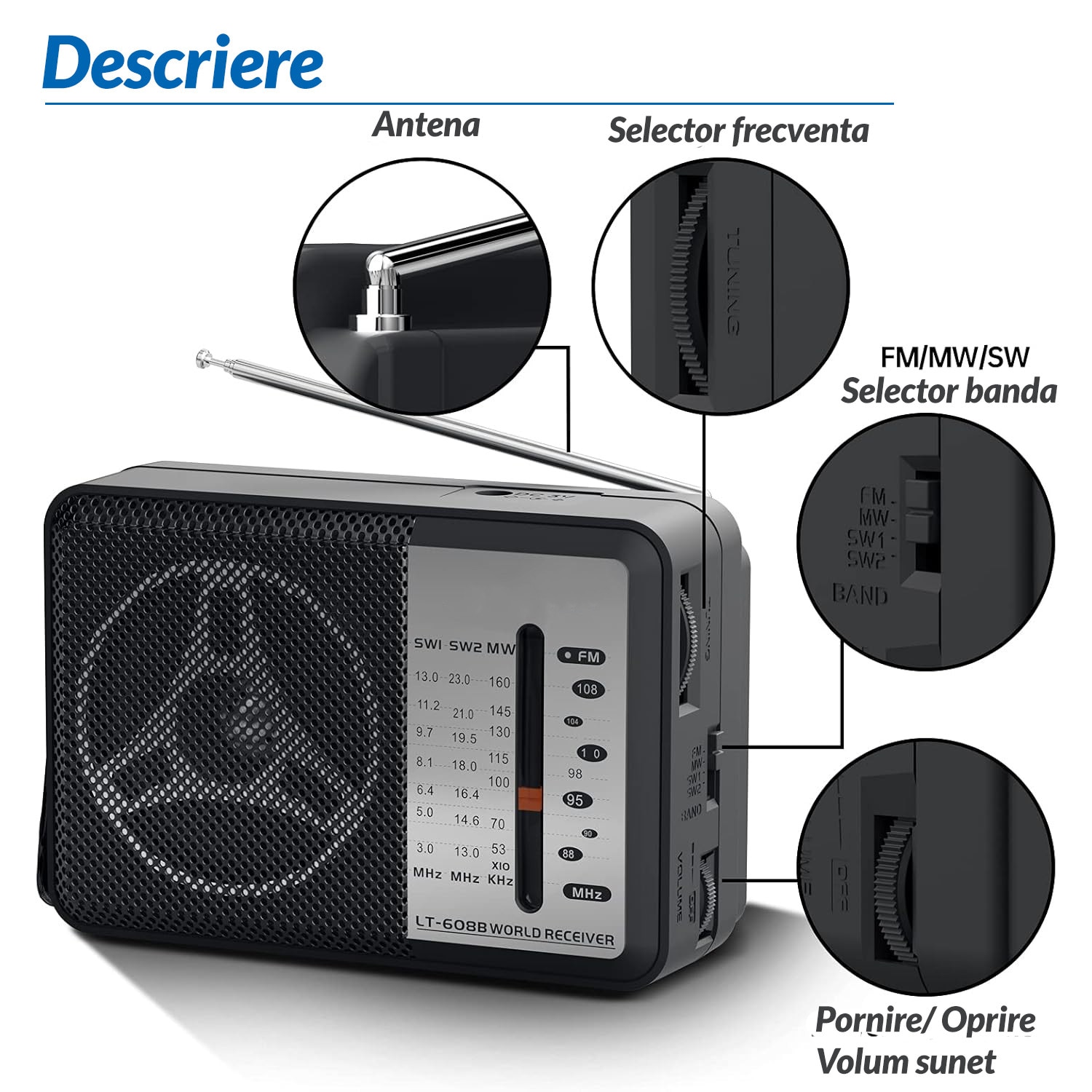 Radio portabil 608B cu 4 benzi de receptie AM FM SW1 SW2, alimentare 2 ...