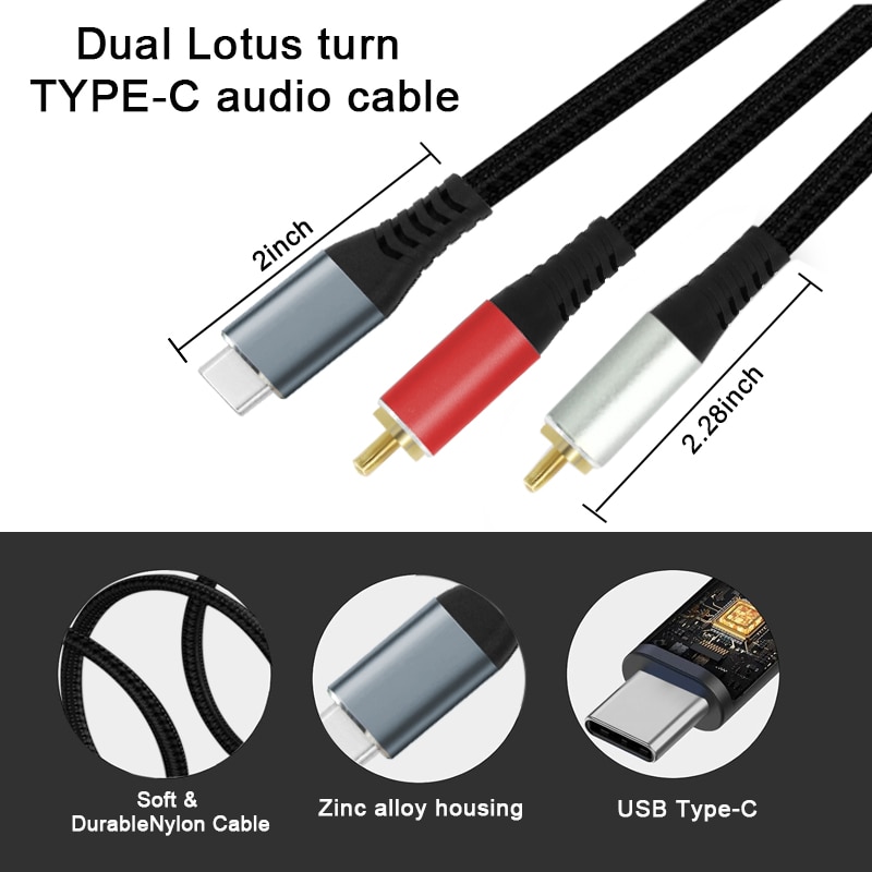 Cablu audio USB-C la 2RCA, GORMUR, plug and play, cablu impletit negru ...