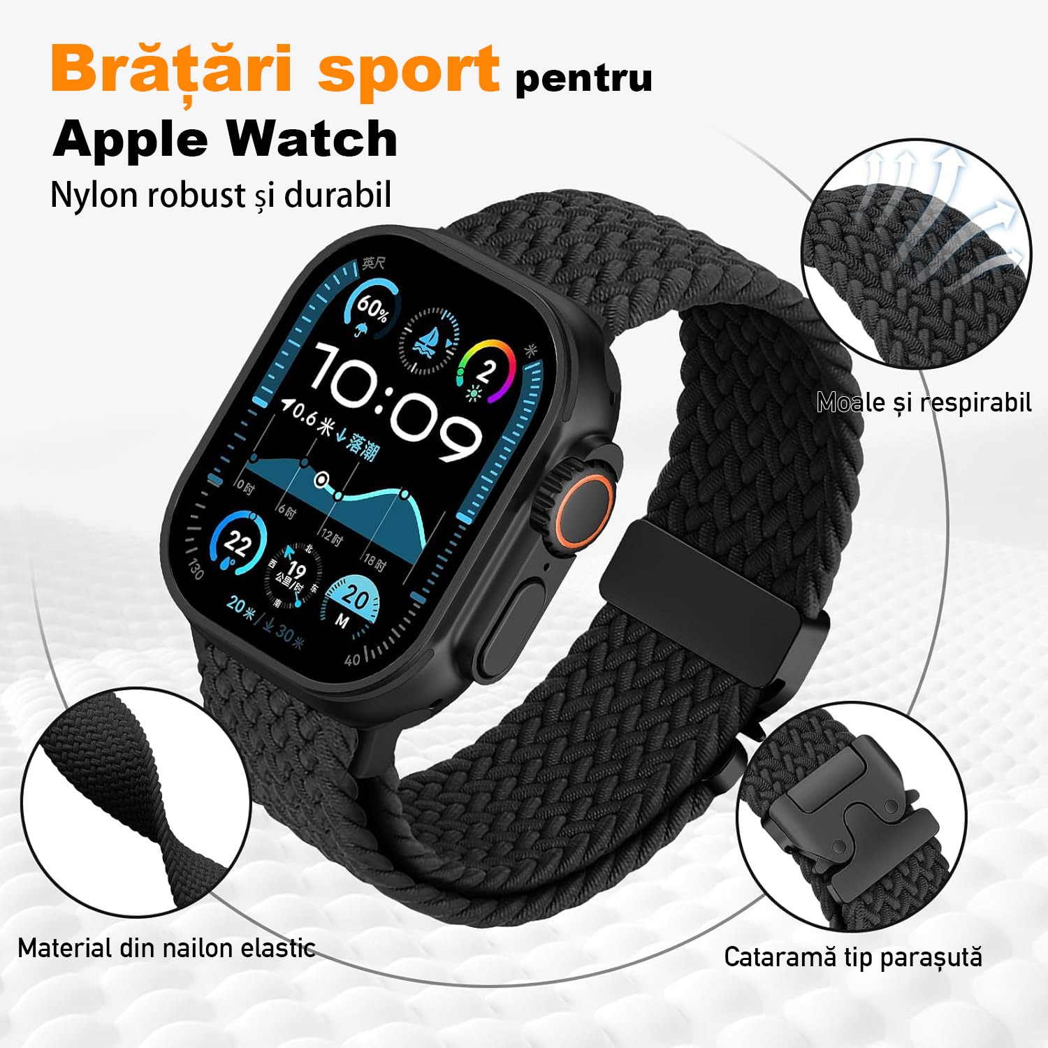 Curea Apple Watch sport, elastica din nailon impletit cu catarama tip ...