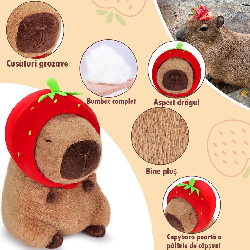 Jucarie plus Capibara, AjieQaQ, cu palarie de capsuna, Papusa plus ...