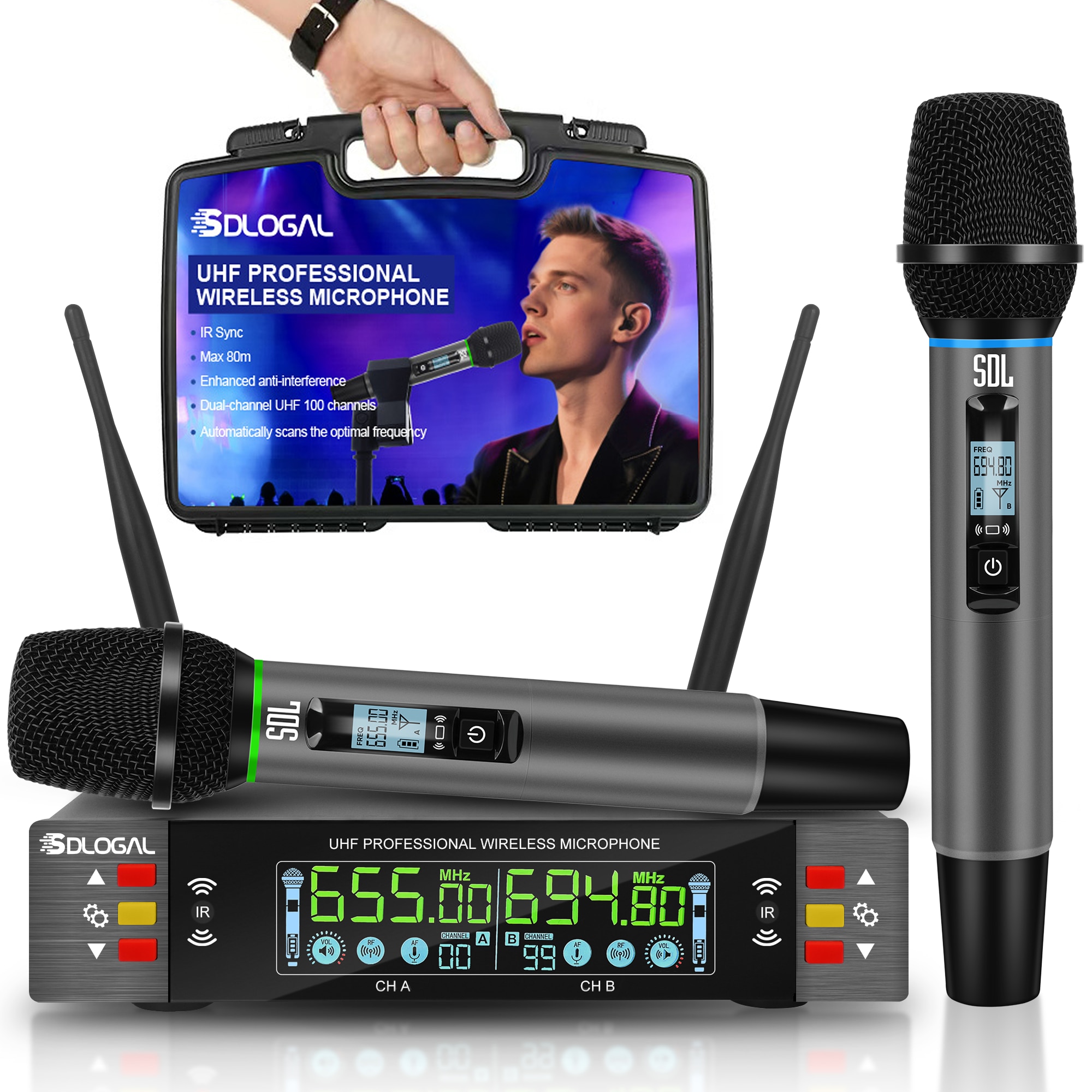 Set 2 microfoane profesionale, SDLOGAL, Cu Receiver Wireless, HD Afisaj ...