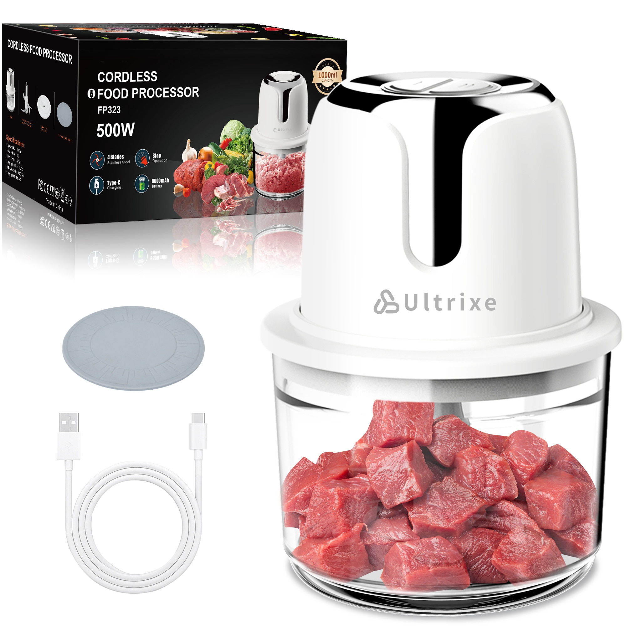Tocator electric pentru alimente, Ultrixe Mini tocator fara fir, 1000ml ...
