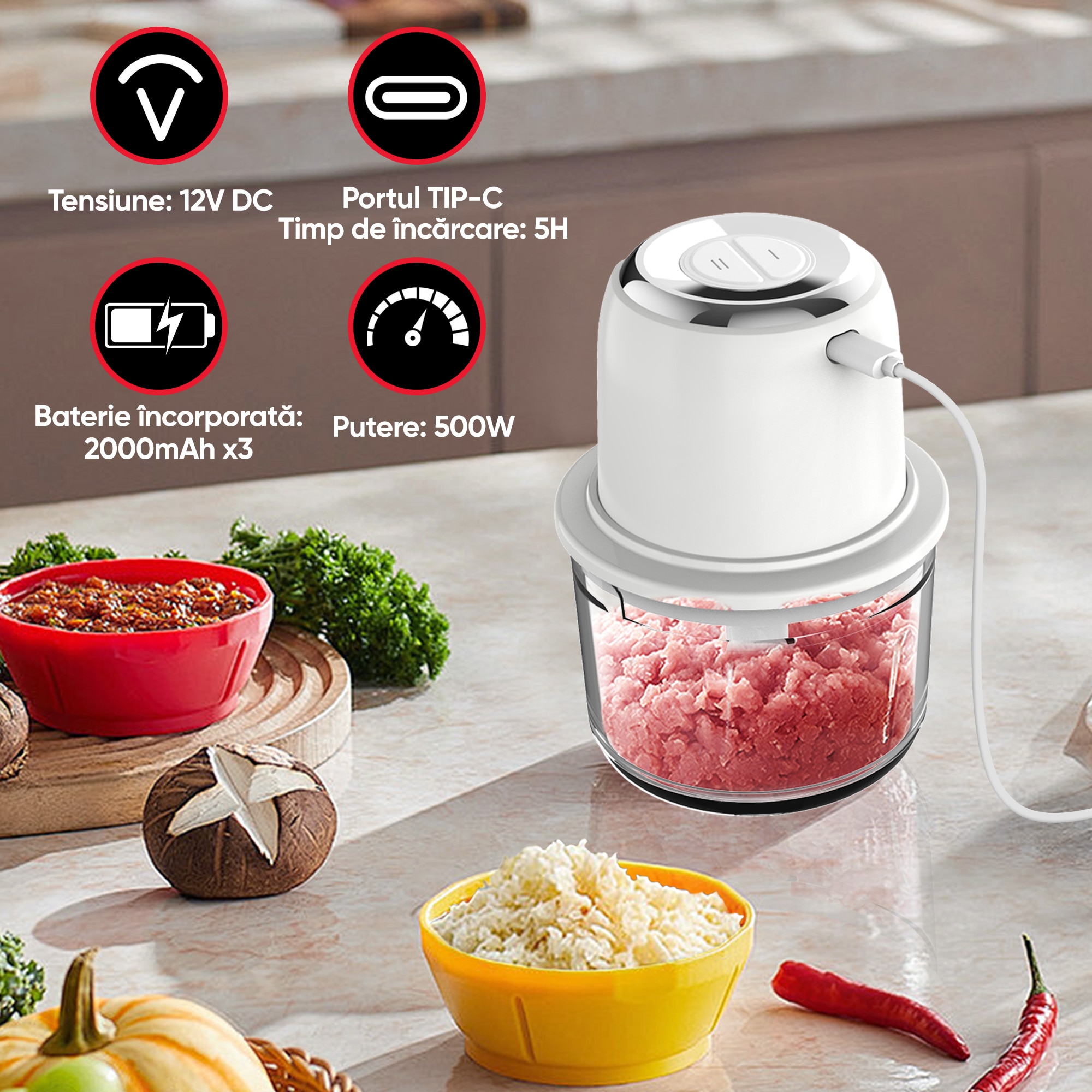 Tocator electric pentru alimente, Ultrixe Mini tocator fara fir, 1000ml ...