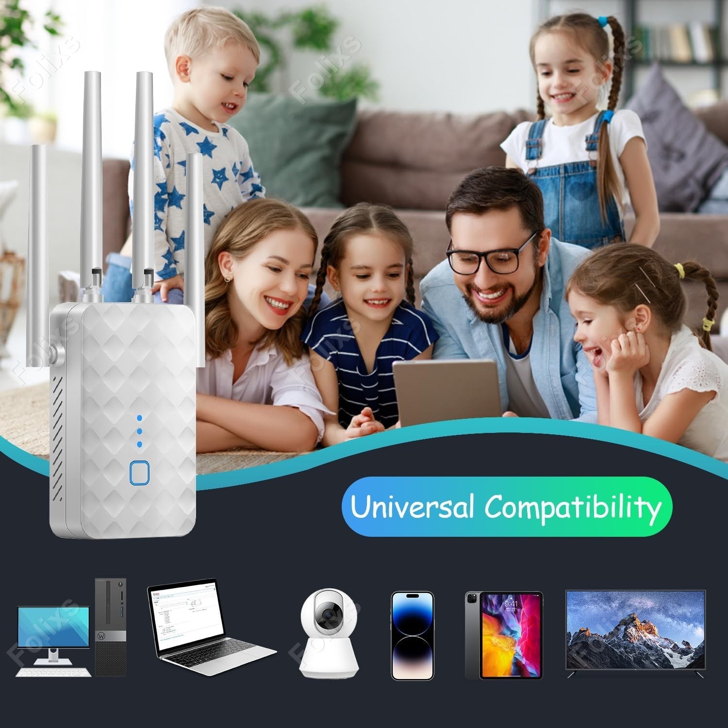 Folixs WiFi Range Extender vezeték nélküli jelerősítő, 1200 Mbps ...