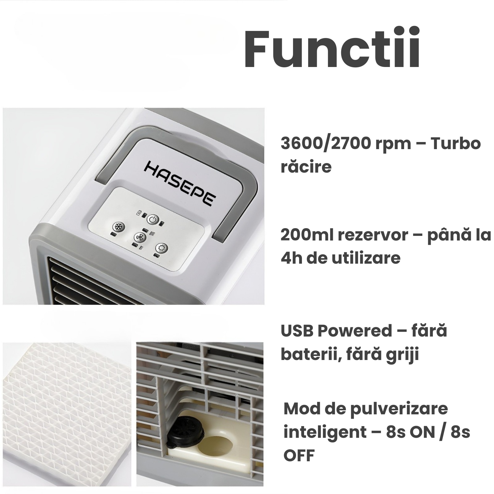 Ventilator Portabil HASEPE, cu USB, Mini Racitor Aer cu Pulverizare Apa ...