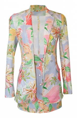 Compleu dama, albastru cu imprimeu floral multicolor, sacou si fusta ...