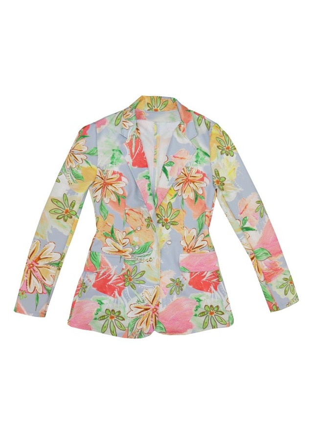 Compleu dama, albastru cu imprimeu floral multicolor, sacou si fusta ...