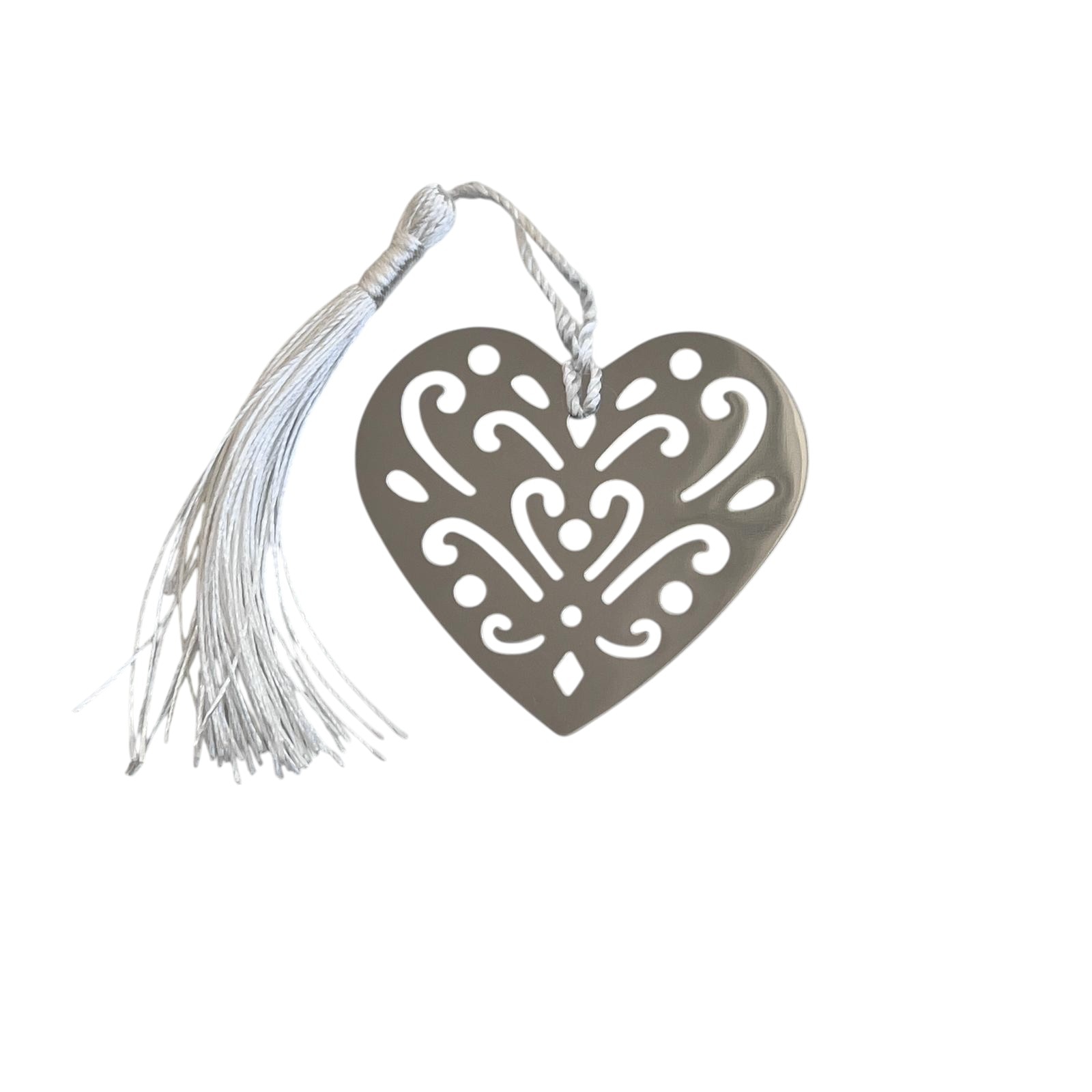 Semn de carte metalic in forma de inima cu ciucure alb - eMAG.ro