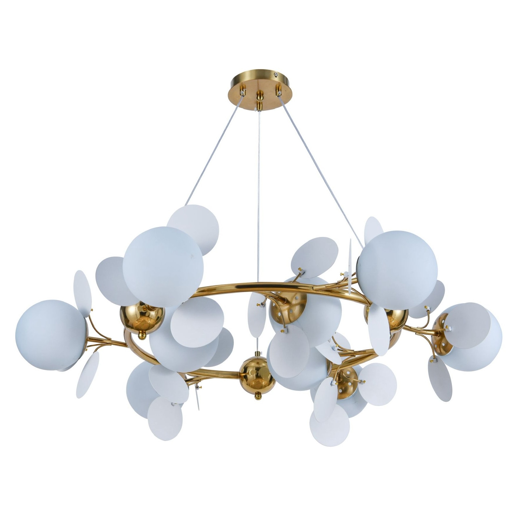 Candelabru modern, 9 globuri albe din sticla, dulie 9xE27 + 27 petale ...