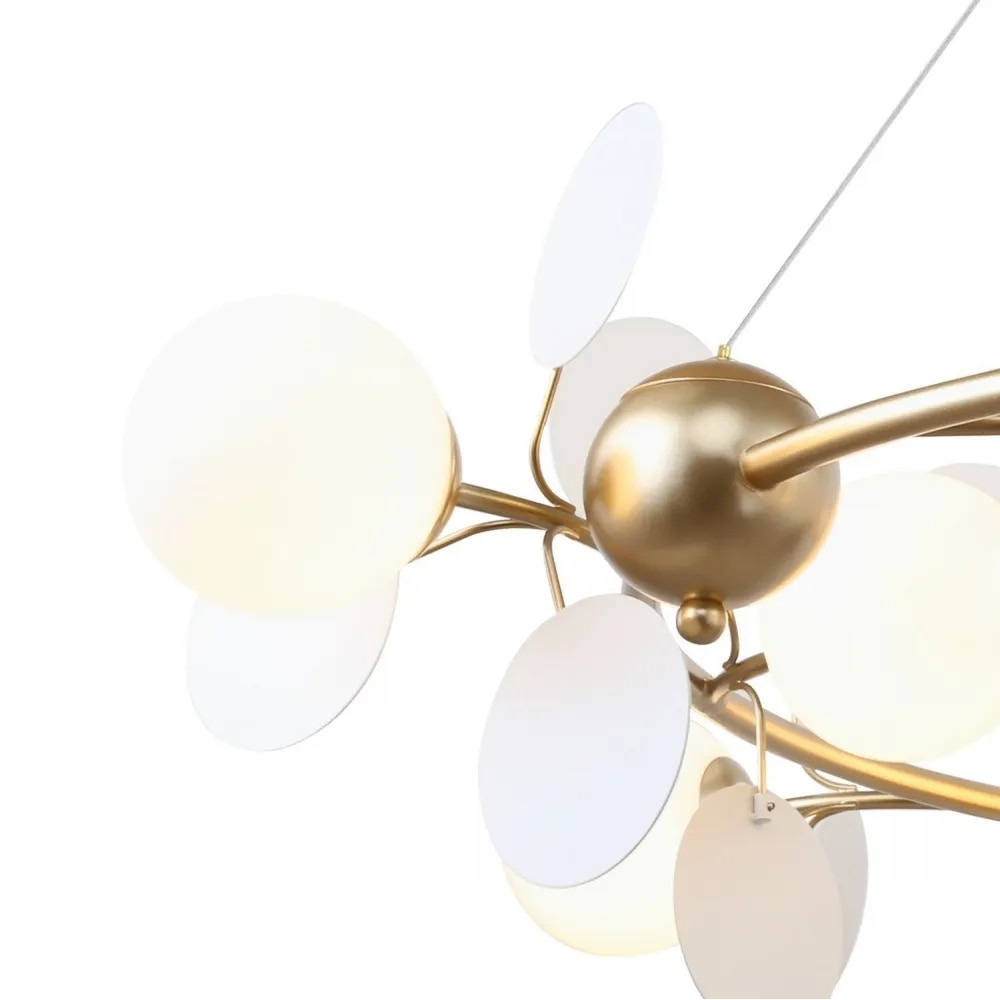 Candelabru modern, 9 globuri albe din sticla, dulie 9xE27 + 27 petale ...