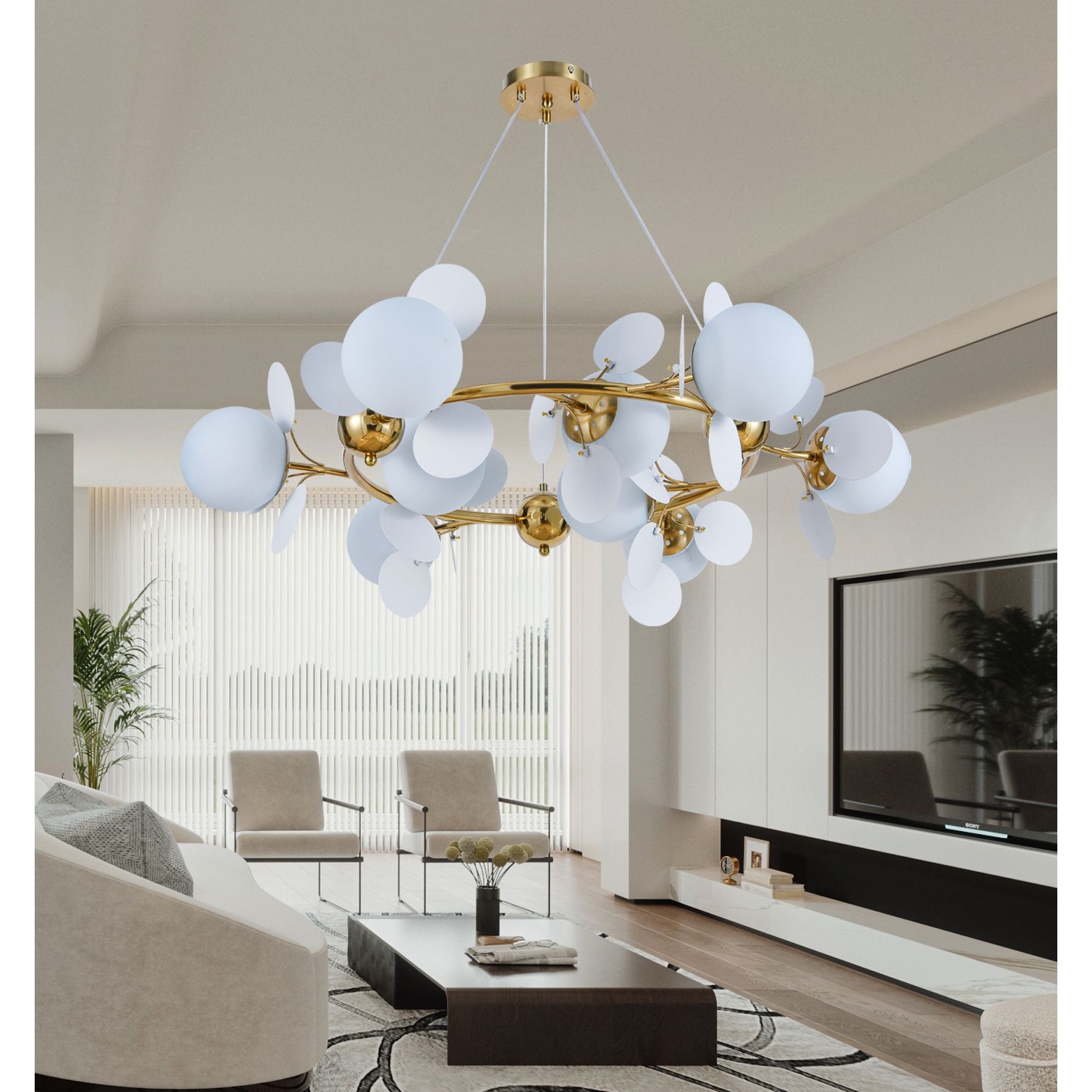 Candelabru modern, 9 globuri albe din sticla, dulie 9xE27 + 27 petale ...