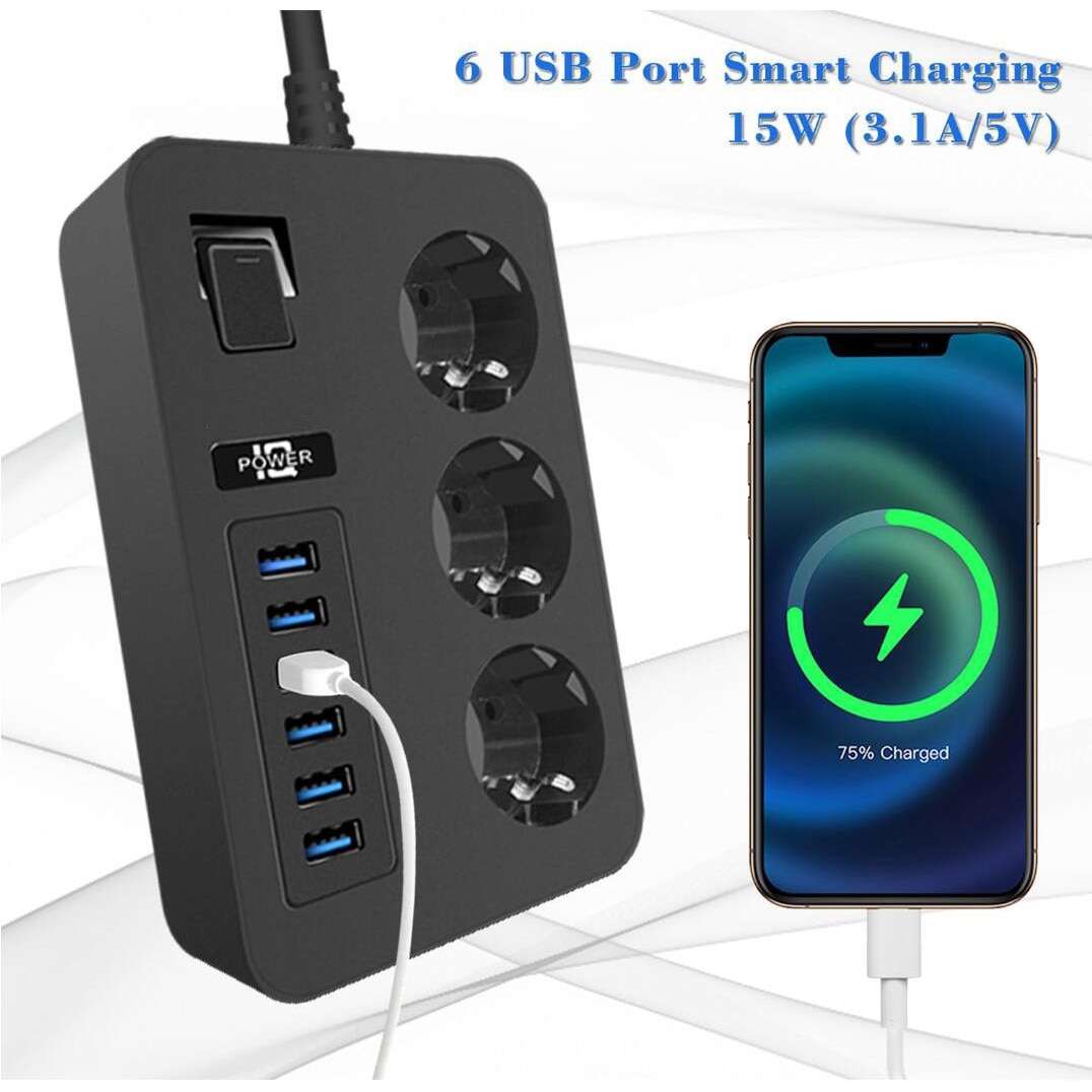 Prelungitor cu protectie la supratensiune, 3 prize, 6xUSB, 5V/3.1A, 2m ...