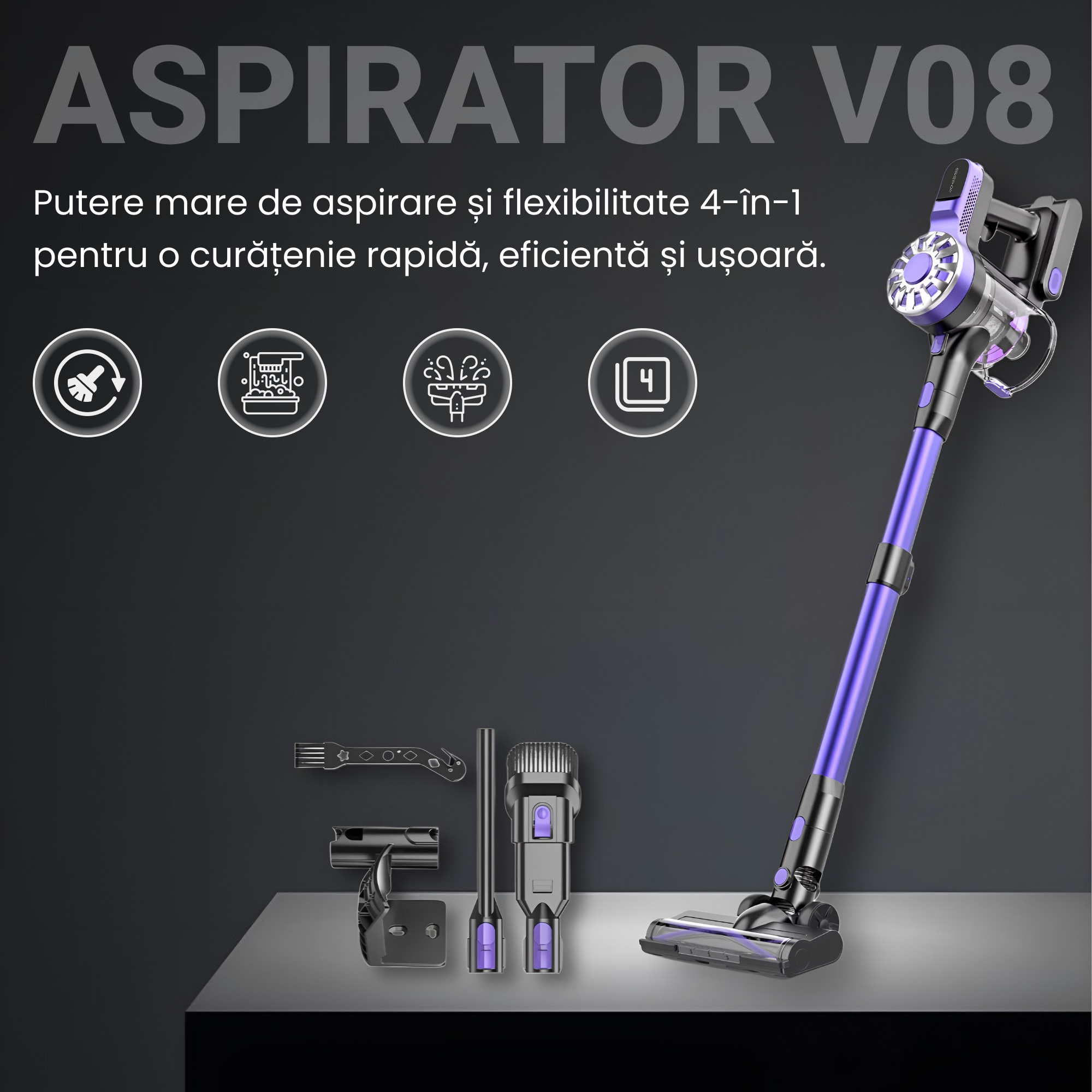 Aspirator Vertical 4 In 1, SeveShop® V08, Aspirator Fara Fir Cu Motor ...