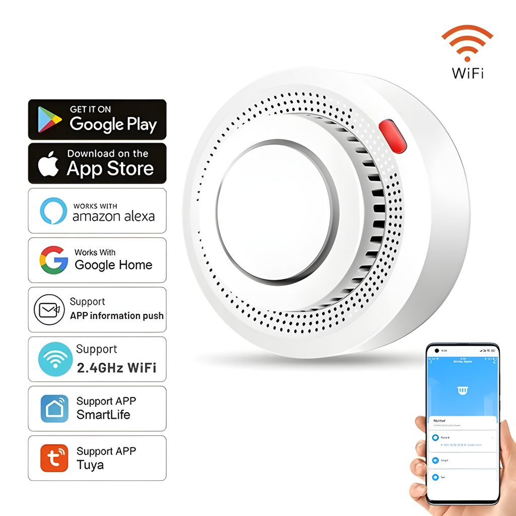 Detector Fum Inteligent WiFi Tuya, 85dB, Compatibil Google Assistant ...