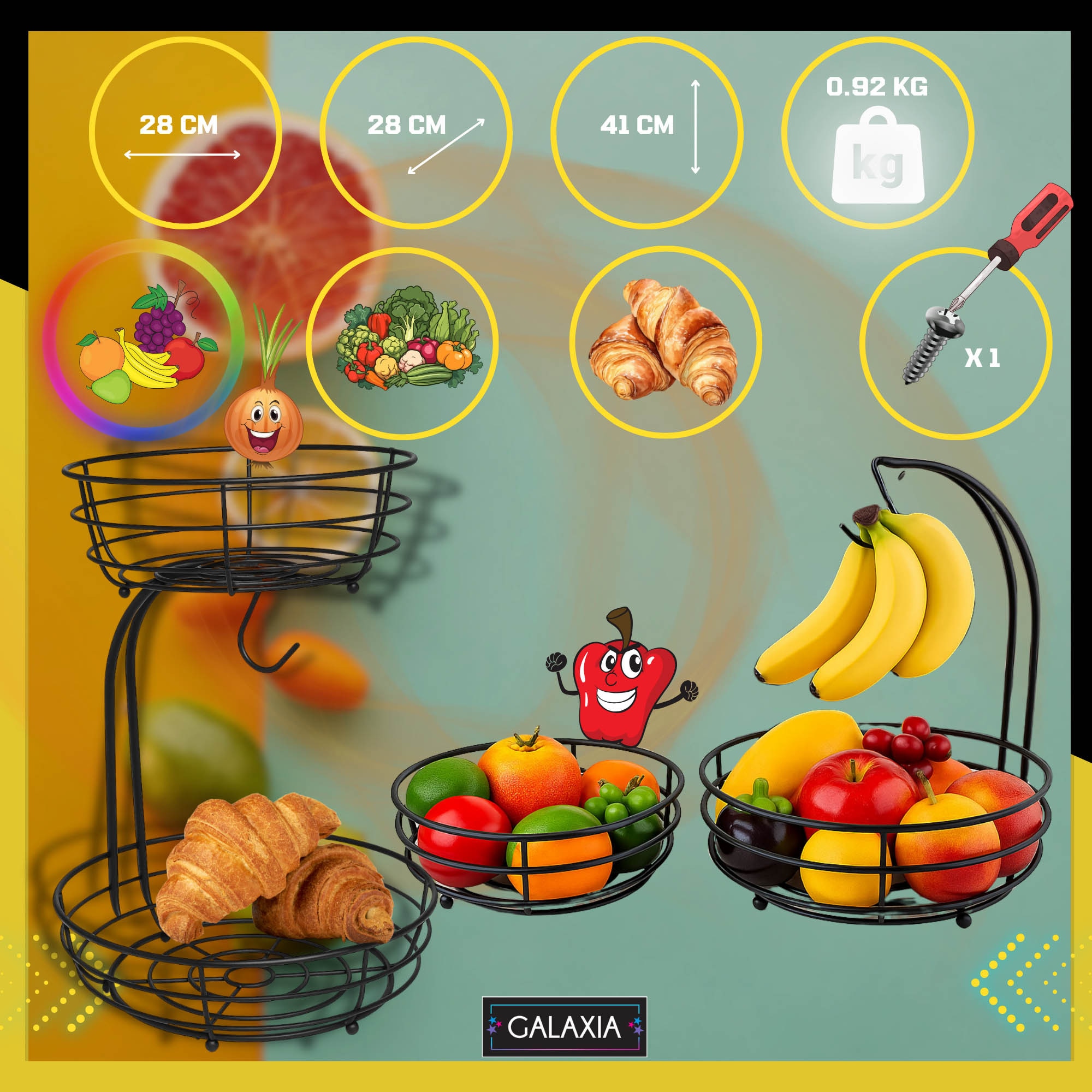Cos pe 2 Nivele pentru Fructe si Legume GALAXIA® cu Suport de Banane ...