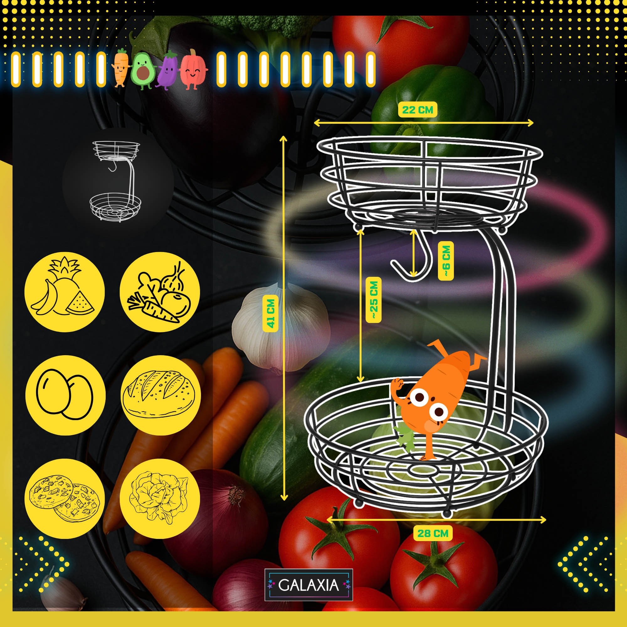 Cos pe 2 Nivele pentru Fructe si Legume GALAXIA® cu Suport de Banane ...