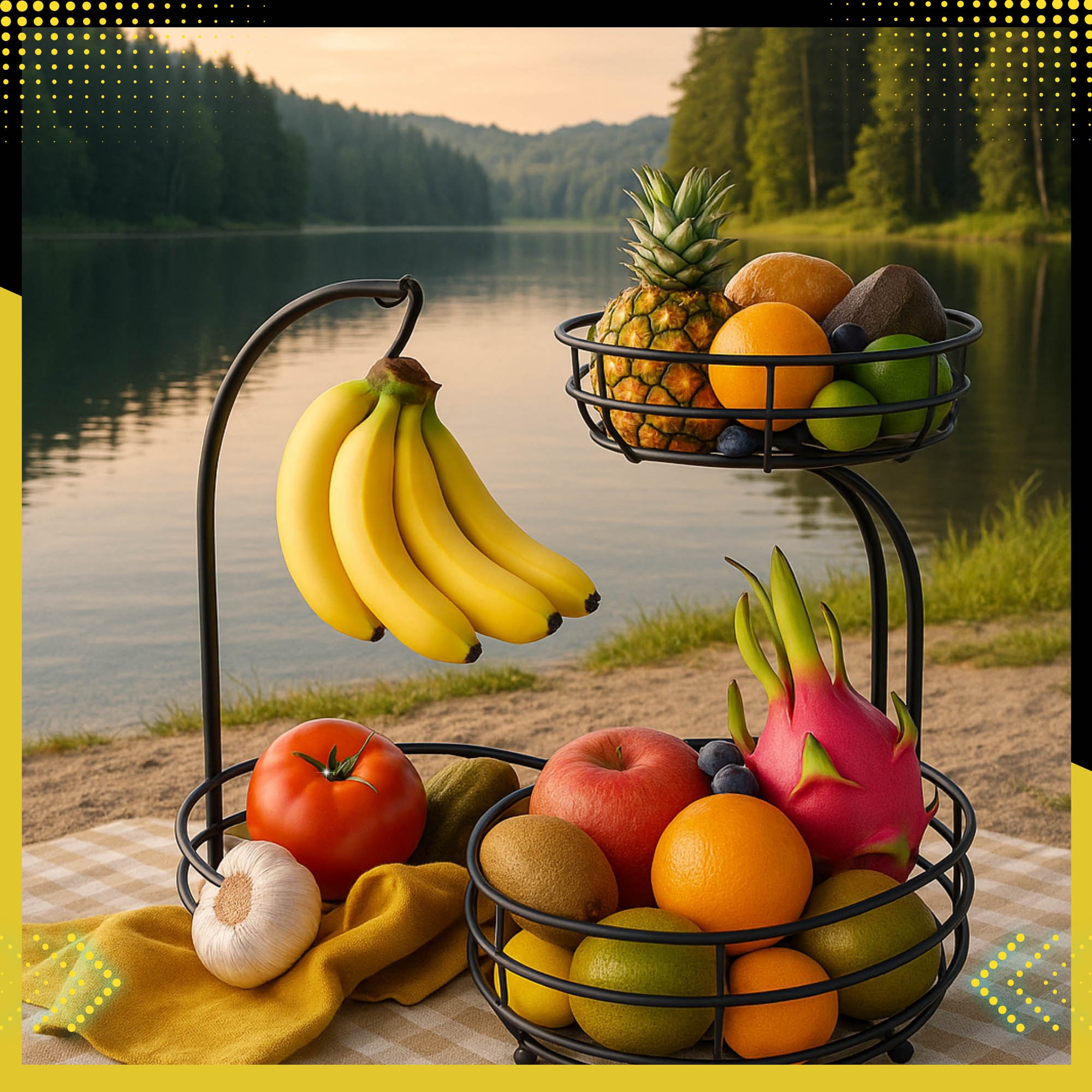 Cos pe 2 Nivele pentru Fructe si Legume GALAXIA® cu Suport de Banane ...
