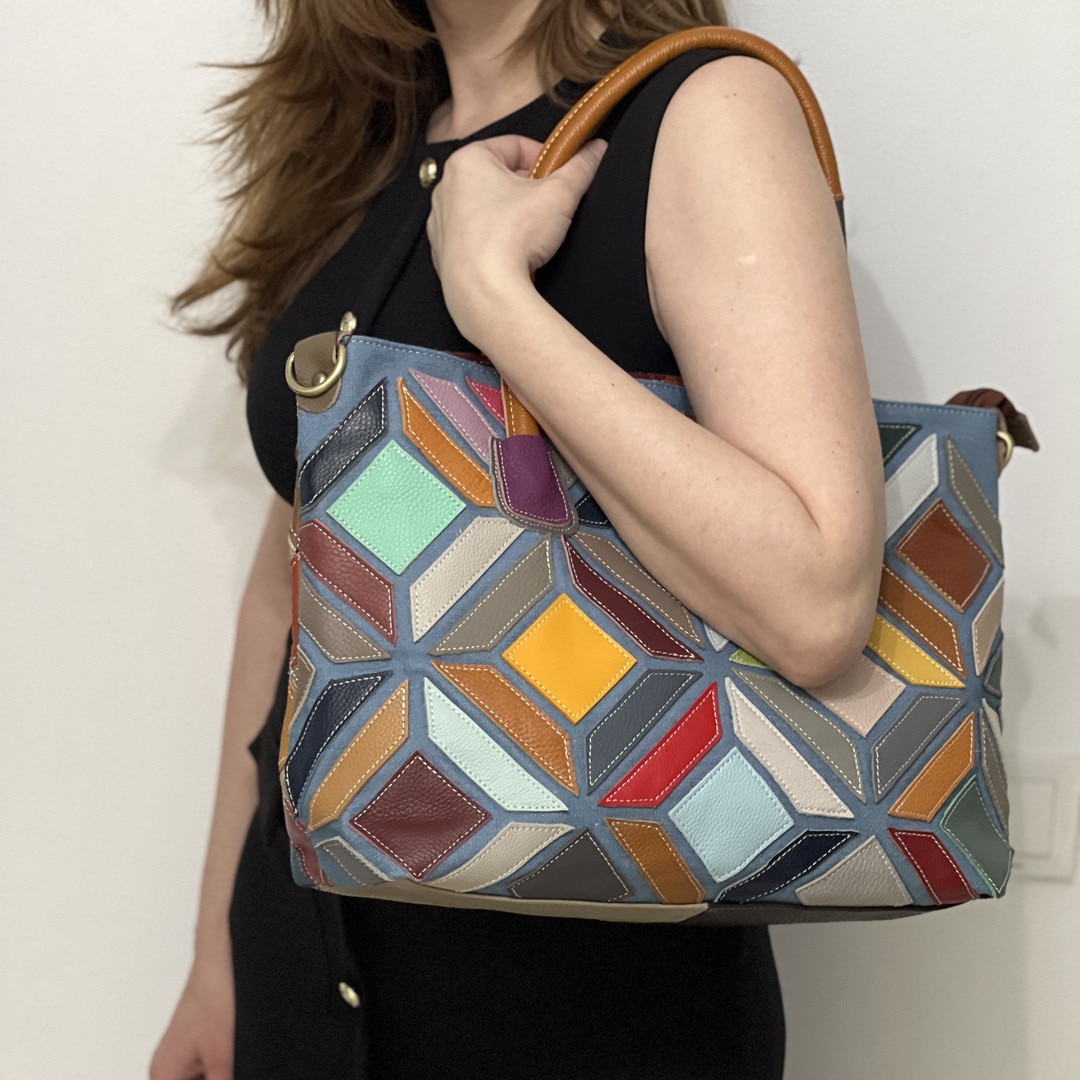 Geanta de umar dama din piele naturala multicolora, 40x29x16 cm - eMAG.ro