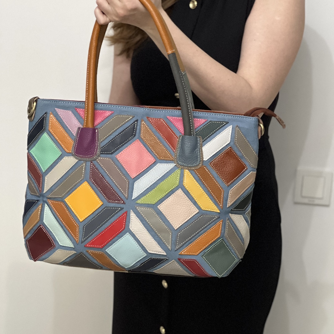 Geanta de umar dama din piele naturala multicolora, 40x29x16 cm - eMAG.ro