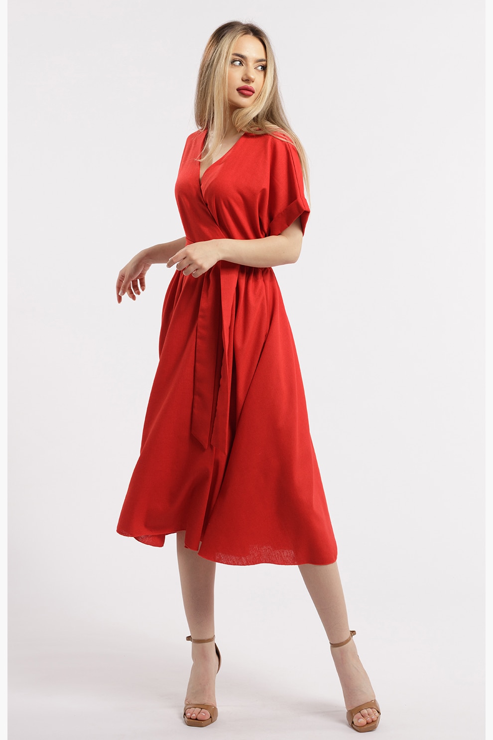 CAMISSI, Rochie midi evazata din in cu decolteu in V, Rosu, L-XL - eMAG.ro
