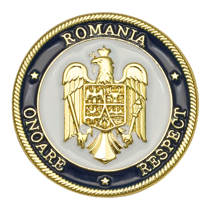 Insigna Calitate Premium cu stema Romaniei si textul Romania. Onoare ...