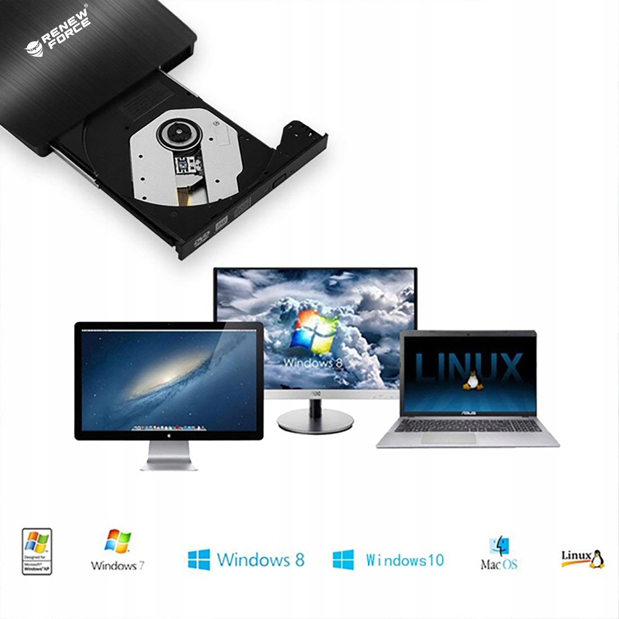 DVD Writer extern USB 3.0 RENEW FORCE® ultra-subtire, CD-R/DVD-ROM/RW ...